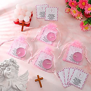 50 Sets Baby Shower Favors 50 Pcs Tea Light Candles for Guests Baby Shower Decoration with 50 Greeting Cards and Organza Bags for Boys Girls Guests Baby Shower Favors Gender Reveal (Pink)