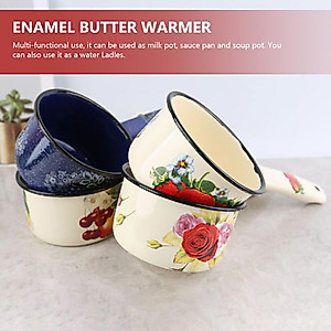 DOITOOL Enamel Milk Pan Vintage Chinese Mini Butter Warmer Nonstick Saucepan Pan with Pour Spout Melting Pot Enamelware for Induction Electric Gas Stoves Long Handle Water Ladle