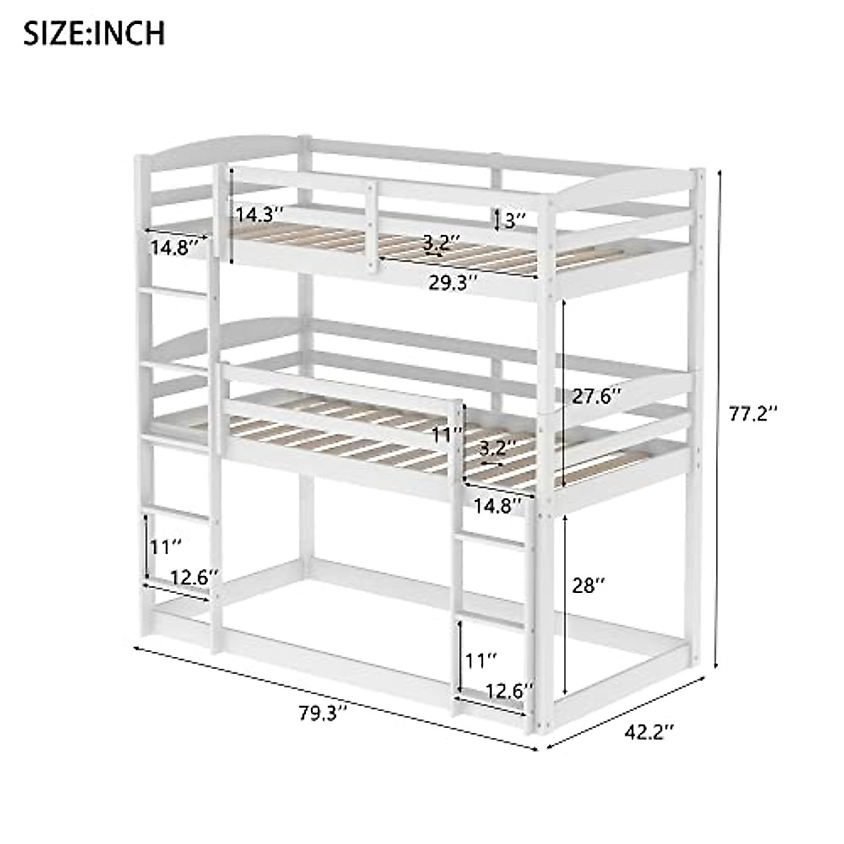 RUNWON Twin Over Twin Triple Bunk Bed with Safety Guardrail and Ladder for Kids Teens, No Box Spring Needed