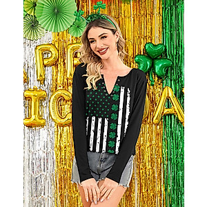 For G and PL St Patricks Day Graphic V-Neck Women's Outfits Casual Four Leaf Pullover Ireland Shirt Shamrock Flag M