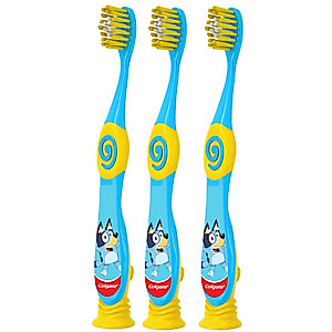 Colgate Bluey Toothbrush for Children with Suction Cup, Kids 2-5 Years Old, Extra Soft (Colors & Characters Very) - Pack of 3