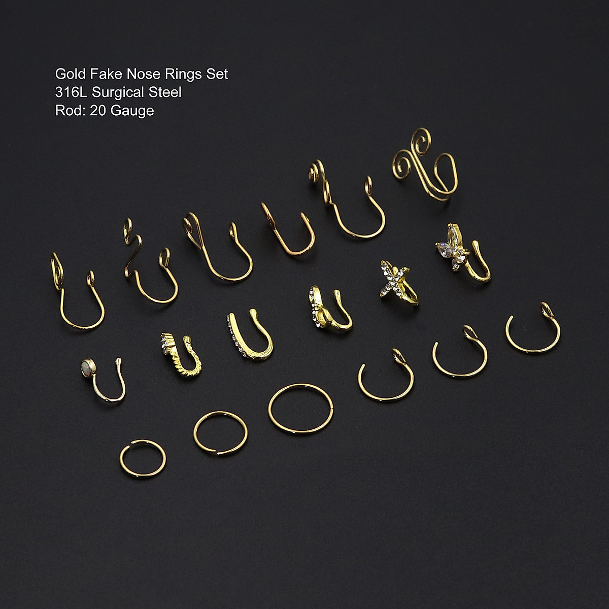 PiercingArt 18Pcs Fake Nose Rings 14K Gold Plated Non Piercing Nose Cuff Set Clip On Nose Ring Hoop Faux Nose Piercing Jewelry for Women Girls