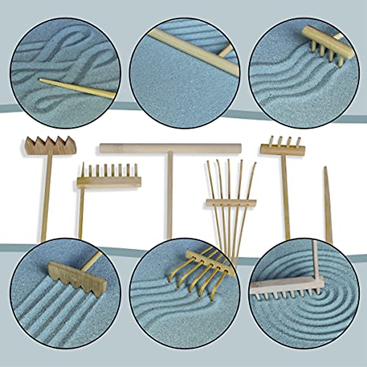 Oasis of Calm Zen Garden Kit. 11x8 Beautiful Premium Japanese Decor Mini Rock Garden Meditation Gifts Set. Home, Office Desk Accessories. Zen Decor Zen Sand Garden. Aqua Blue Sand, 6 Tools, 6 Feature