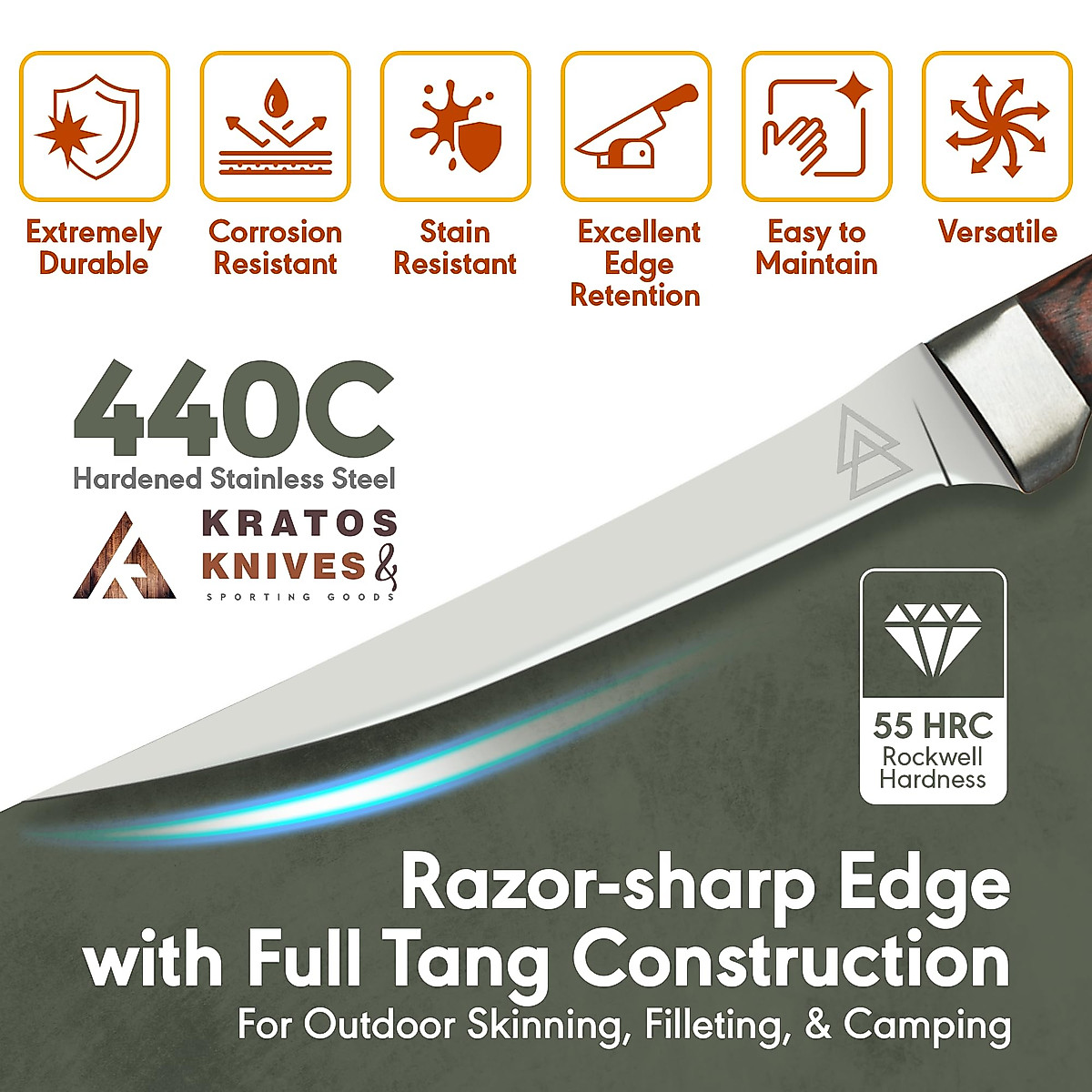 Bushcraft Fillet Knife, 12 Inch Fillet Knife for Fish, Fixed Blade Fish Fillet Knife, 440C Hardened Stainless Steel Boning Knife by Kratos - ZF3F