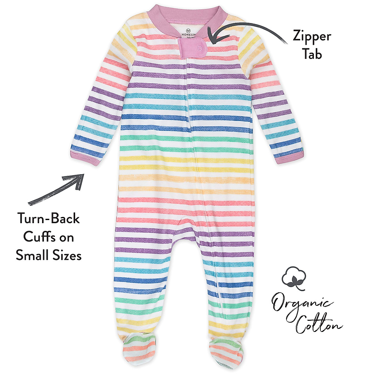 HonestBaby 1-Pack Sleep & Play Footed One-Piece Pajama Sleeper 100% Organic Cotton, Baby Girls, Rainbow Stripe, 0-3 Months