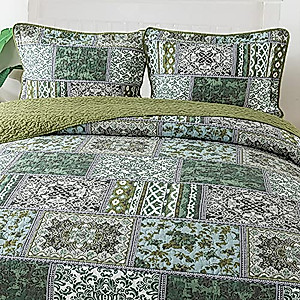 NEWLAKE Cotton Bedspread Quilt Sets-Reversible Patchwork Coverlet Set, Green Classic Bohemian Pattern,Queen Size