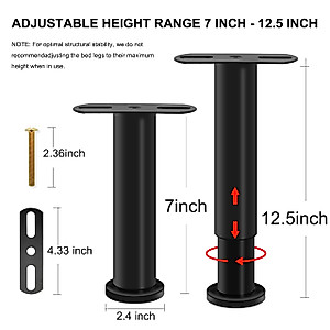 4Pcs Bed Support Legs, Adjustable Height Metal Bed Frame Support Legs, Bed Frame Center Support Bed Legs, Bed Frame Replacement Legs for King/Queen Bed Slats, Sofa, Furniture Cabinet(7"-12.5")