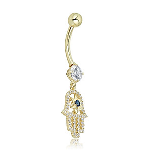 AVORA 10K Yellow Gold Simulated Diamond CZ Dangling Hamsa Belly Button Ring Body Jewelry (14 Gauge)