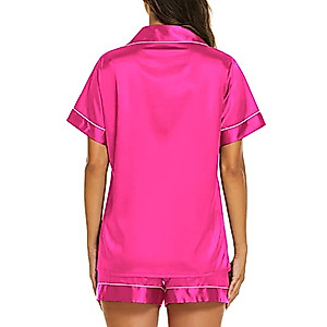 Ekouaer Pajamas Womens Satin Button Up Pjs Silk Short Sleeve Top with Shorts Set Summer 2 Piece Loungewear Rose Red,M