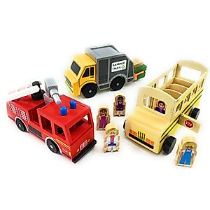 Matty's Toy Stop Deluxe Wooden Vehicle Set Featuring a School Bus (with 5 Play Figures), Fire Engine (Fire Truck) and Garbage Truck Gift Set Bundle - 3 Pack