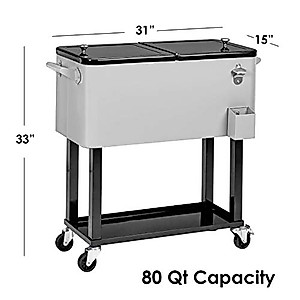 80 Quart Qt Rolling Cooler Ice Chest for Outdoor Patio Deck Party, Grey, Portable Party Bar Cold Drink Beverage Cart Tub, Backyard Cooler Trolley on Wheels with Shelf, Stand, & bottle opener
