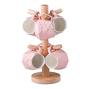 Jusalpha 7PC Deluxe Golden Marble Porcelain Coffee Mug Set with Wooden Mug Tree Holder, TCS28 (Pink)