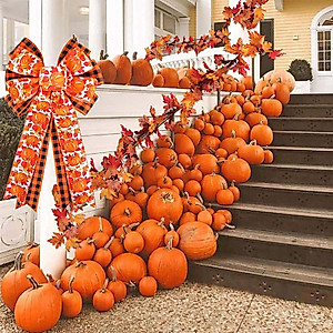 Fall Wreath Bows, Autumn Bow Orange Buffalo Plaid Pumpkin Wreath Bow for Fall Bows Knot Thanksgiving Dinner Party Fireplace Christmas Halloween Home Garden Party Decor