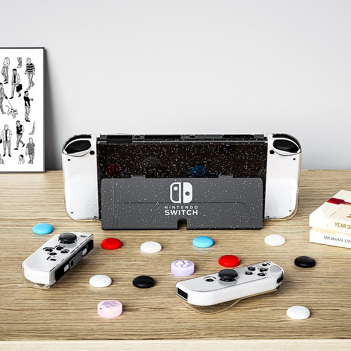 FUNDIARY Glitter Dockable Cover Case Compatible with Nintendo Switch OLED, Protective Shell for Switch OLED and Comfort Grip for Joy Con with Screen and 12 Thumb Caps - Glitter TPU Joy Con Case