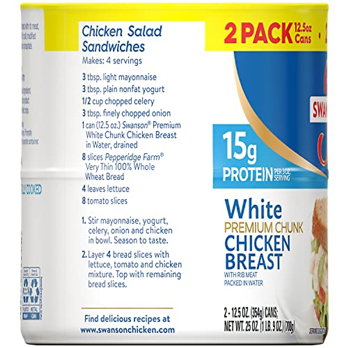 Swanson White Premium Chunk Canned Chicken Breast in Water, Fully Cooked Chicken, 12.5 OZ Can (Pack of 2)