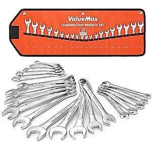 ValueMax Mechanics Wrench Set Metric and Standard, 20PCS Complete Combination Wrenches Roll Set. SAE 1/4" to 3/4", Metric 6mm to 18mm, Full Wrench Set with Roll up Pouch