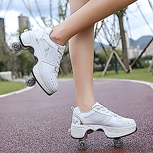 Women's Retractable Roller Skates Outdoor Girls Kick Roller Shoes Men Deformation Sneakers,White Silver (白银)-EU31/US3.5