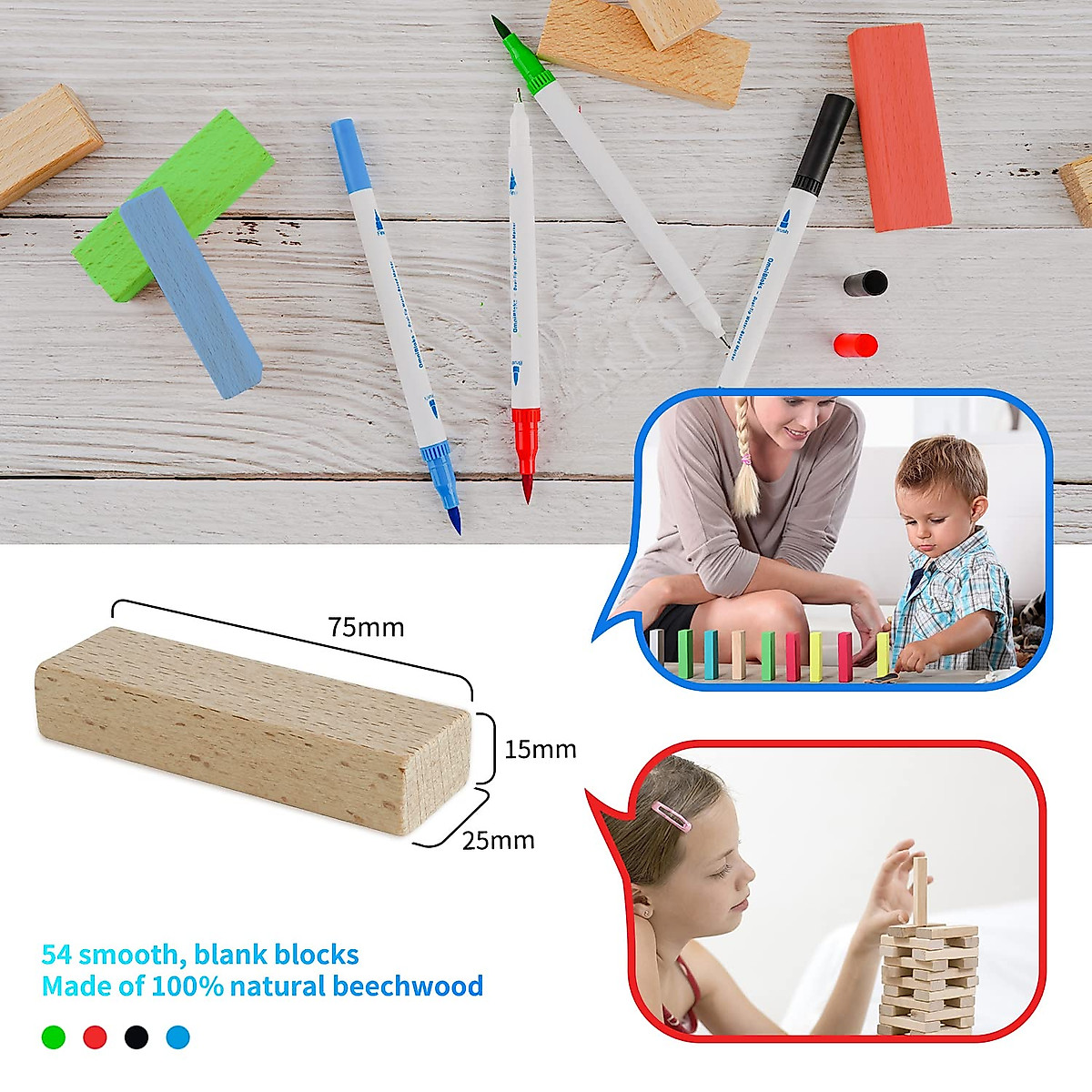 OMNIBLOKS Tumbling Tower Game with 54 Blank Tumbling Blocks, 4 Coloring Markers - Tabletop Wood Block Game Tower Kids Stacking Game - Indoor Party Games - Family Game Night, Kids Games 3+