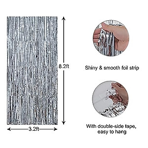 4 Pack 3.2x8.2ft Tinsel Foil Fringe Curtains, Streamers Backdrop Curtains with Adhesive, Photo Booth Background - Home Wall Window Decorations for Birthday, Wedding Party Decor, Silver