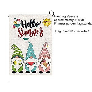Hello Summer Garden Flags, Welcome Gnomes Buffalo Plaid Vertical Double Sized Burlap Flag for House Yard Outdoor Decor 12.5 x 18 Inch (Multi)