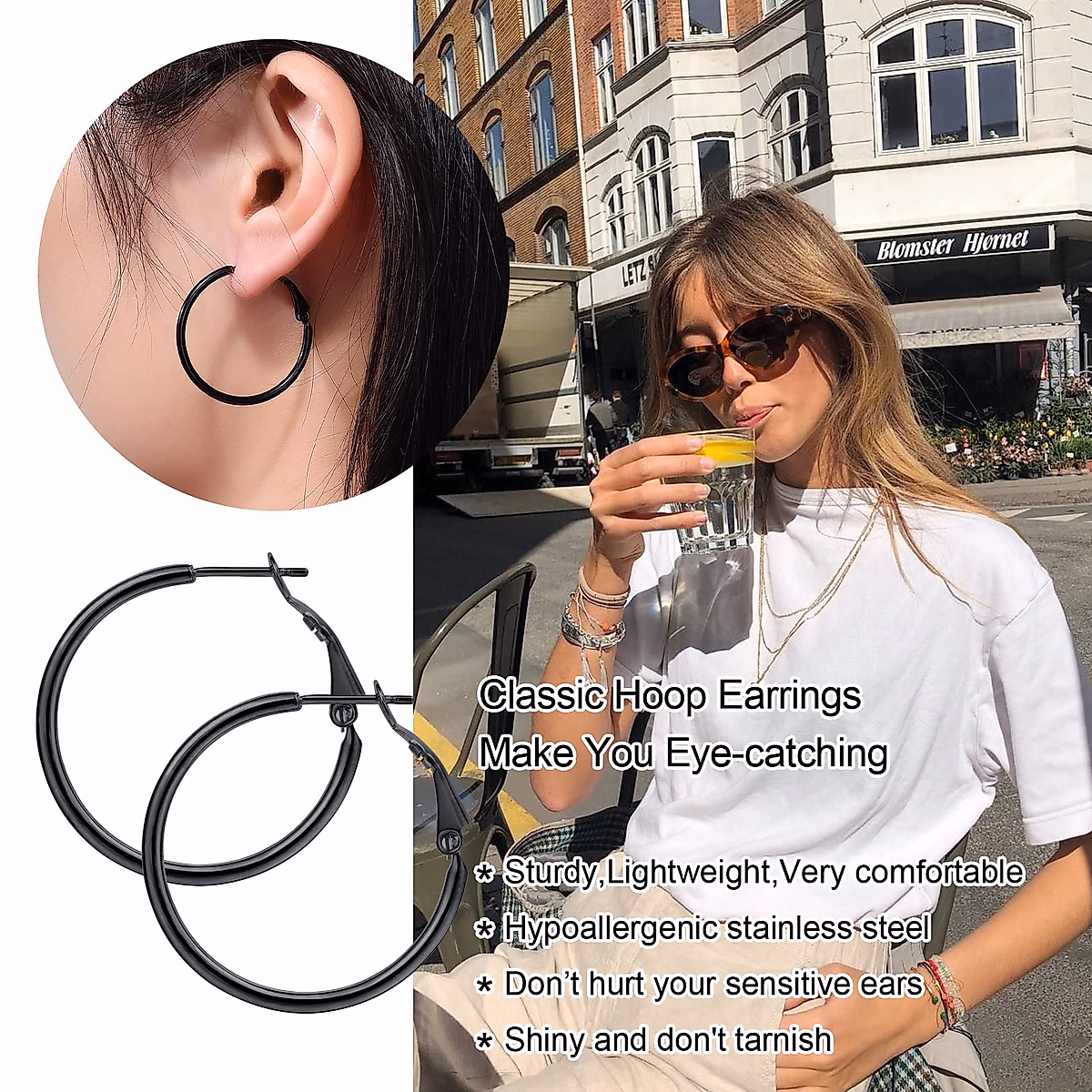 Black Lightweight Thin Hoops | 30mm Black Hoop Earrings for Women