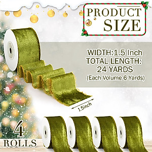 Preboun 4 Rolls Velvet Ribbon for Gift Wrapping 24 Yards Total Frayed Edge Velvet Silk Ribbon for Valentine‘s Day Wedding Baby Shower DIY Crafts Decor(Olive Green,1.5 Inch)