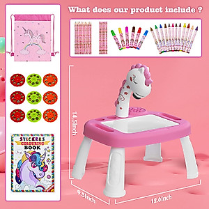 Unicorn Drawing Projector Table Set for Kids Girls Include Unicorn Art Supplies, Pink Doodle Sketcher Table Kit Toddler Tracing and Painting Projection