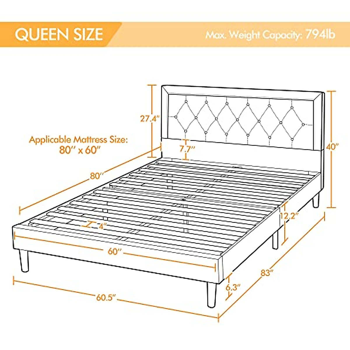 Yaheetech Queen Size Upholstered Bed Frame with Tufted Headboard, Platform Bed Frame with Sturdy Wood Slat Support and Fabric Mattress Foundation, No Box Spring Needed, Dark Grey