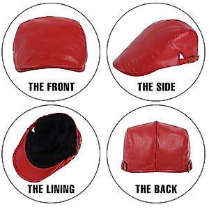 DOCILA Red Leather Flat Herringbone Caps Buckle Adjustable Pageboy Hat Portable Newsboy Hunting Cap (Red)