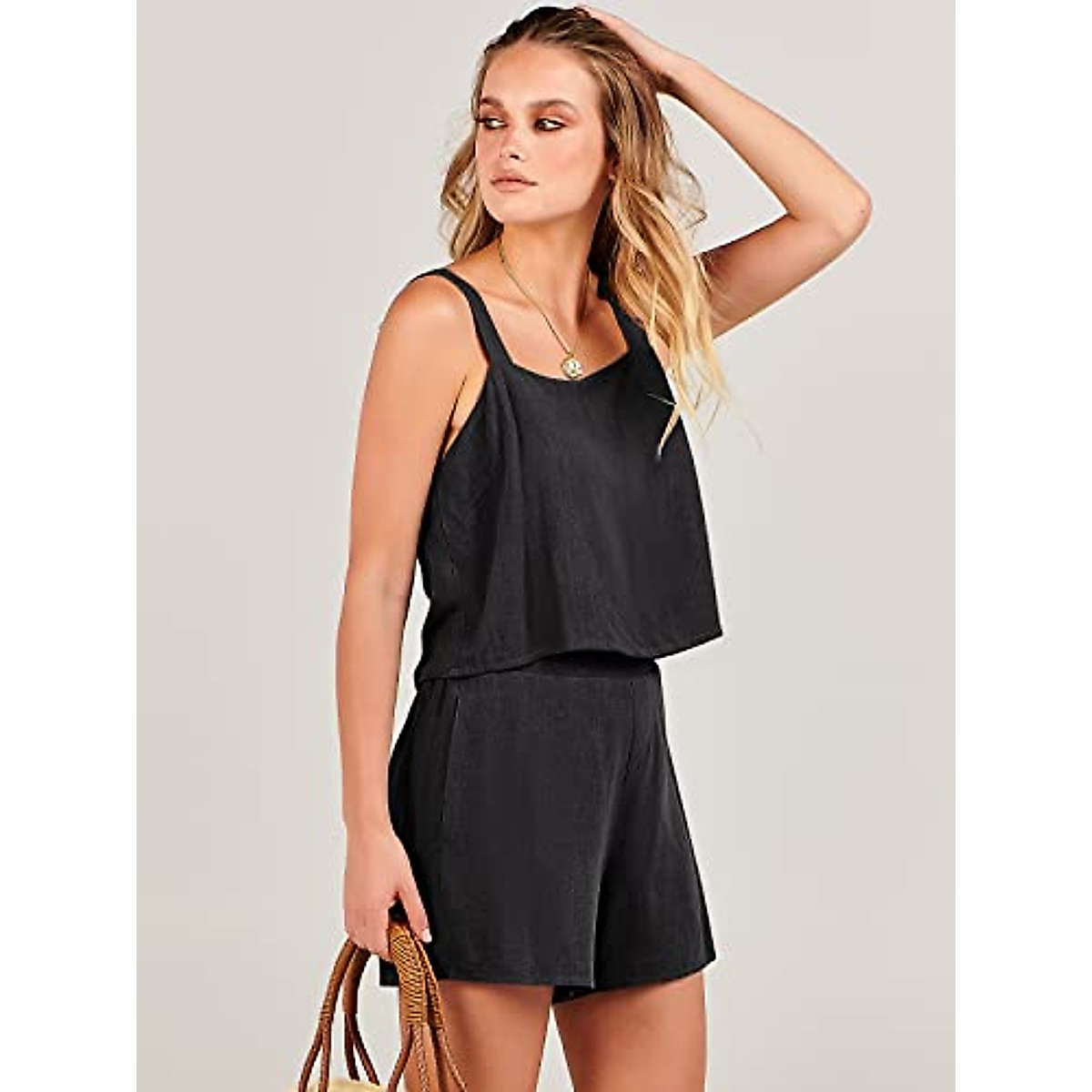 ANRABESS Linen Two Piece Outfits For Women Lounge Matching Sets For Women Clothing Linen Shorts Crop Tops 2023 Trendy Clothes Summer Romper Pajama Beachwear 1020heise-M