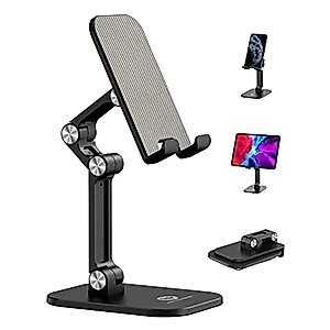 OCYCLONE Cell Phone Stand, iPad Stand, Adjustable Height and Angle Phone Stand for Desk, Foldable Phone Holder, Taller iPhone Stand Compatible for 4-11 Inch All Mobile Phone/iPad/Tablet - Black