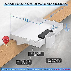 Ronlap Folding Bedside Shelf, Bunk Bed Shelf Organizer for Top Bunk Clip On Nightstand for Loft Bed Plastic Bedside Shelf Tray for Kids with Cupholder Hooks Hanging Cup, Plus Size, White