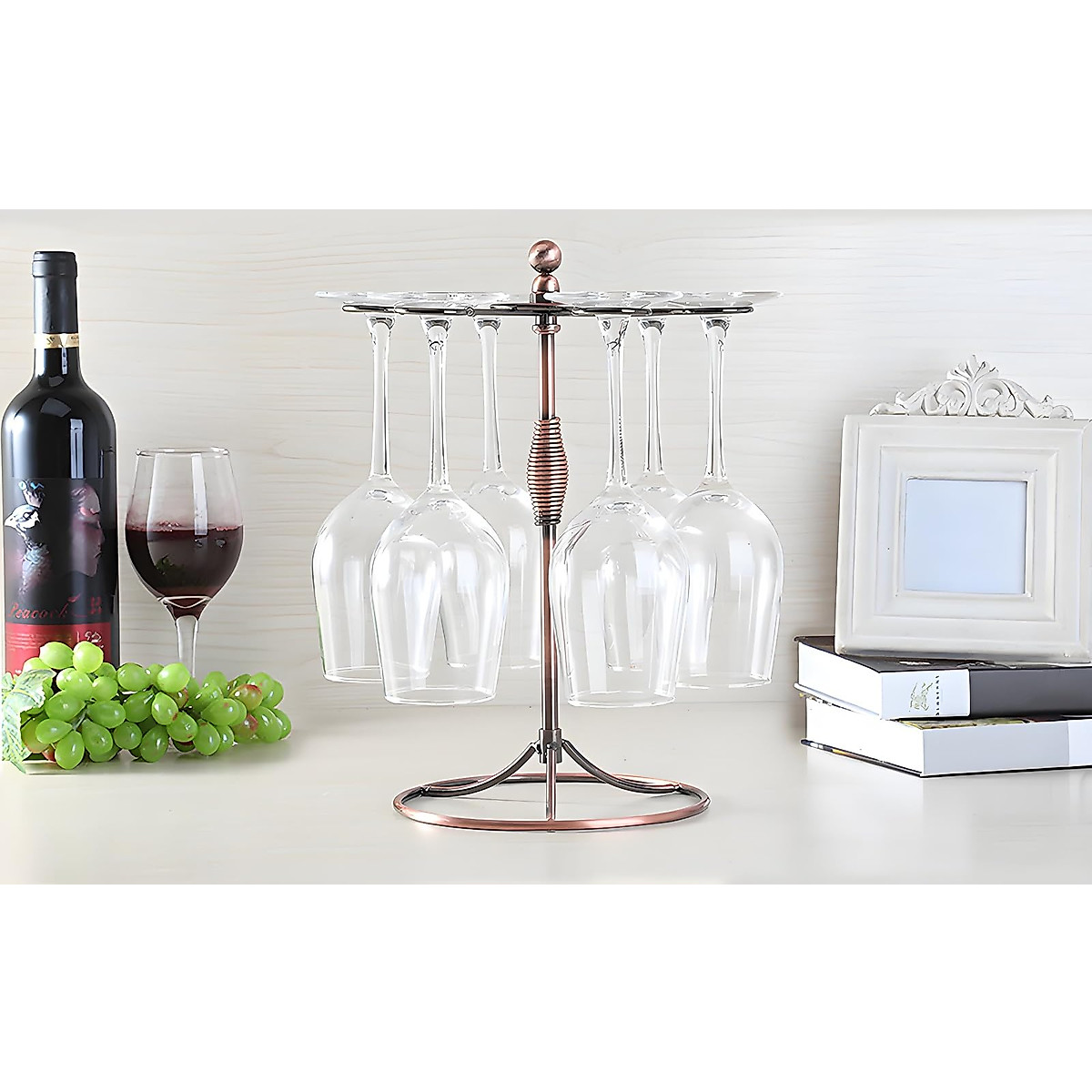 GeLive Bronze Wine Glass Holder Stand, Antiqued Countertop Freestanding Stemware Drying Rack, Artistic Tabletop Glass Display Hanger With 6 Hooks for Home and Bar Storage