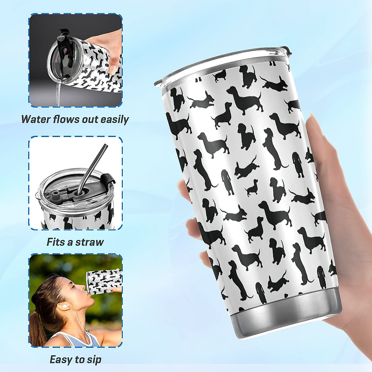 Yasala Tumbler Dachshund Black Cute Insulated Coffee Cup Beverage Container Travel Mug with Straw and Lid Double Wall Stainless Steel 20oz BPA-Free for Sport, Back to School