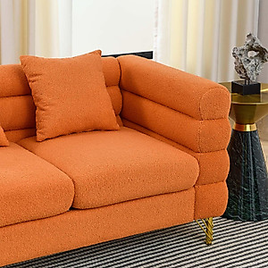 Antetek L-Shaped Sectional Couches, Modern Teddy Fabric Upholstered Chaise Lounge Sofa Couch with Square Arm and 4 Golden Metal Legs for Living Room, Office, Orange