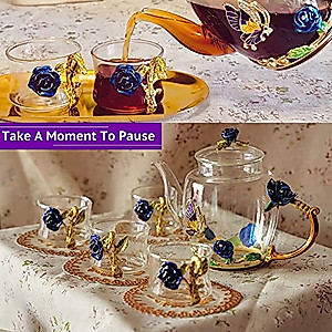 Pretty Glass Tea Sets for Women, Small Coffee Espresso Shot Tea Cups of 4, Flower Teapot and Cup Set, Clear Tea Kettle, Fancy Tea Set for Adults Girls Kids Tea Party, Gift for Women Mom Wife Christmas