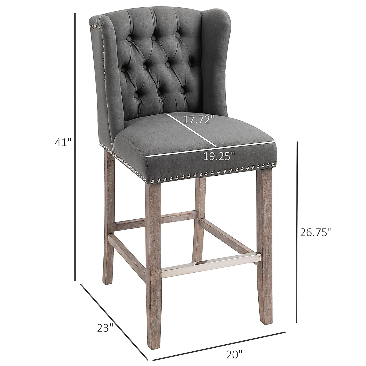 HOMCOM Counter Height Bar Stools Set of 2, Upholstered 26.75" Seat Height Barstools, Breakfast Chairs with Nailhead-Trim & Tufted Back, Wood Legs, Deep Grey