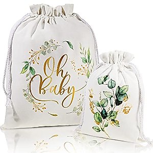 2 Pack Baby Shower Bags Boho Gift Bags Drawstring Greenery Fabric Floral Bags Canvas Gift Bags 20 Inch Large 12 Inch Small Reusable Gift Wrap Bags for Baby Shower Gender Reveal Birthday Party Favors