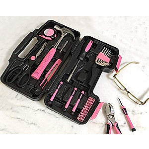 Apollo Tools Original 39 Piece General Household Tool Set in Toolbox Storage Case with Essential Hand Tools for Everyday Home Repairs, DIY and Crafts - Pink Ribbon - Pink - DT9706P