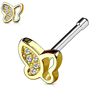 Covet Jewelry Hollow Half Paved CZ Butterfly Top 316L Surgical Steel Nose Bone Stud Rings (Gold/Clear)
