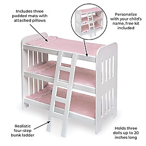 Badger Basket Triple Doll Bunk Bed with Ladder and Bedding for 20-Inch Dolls – Pink Gingham Design with Personalization Kit