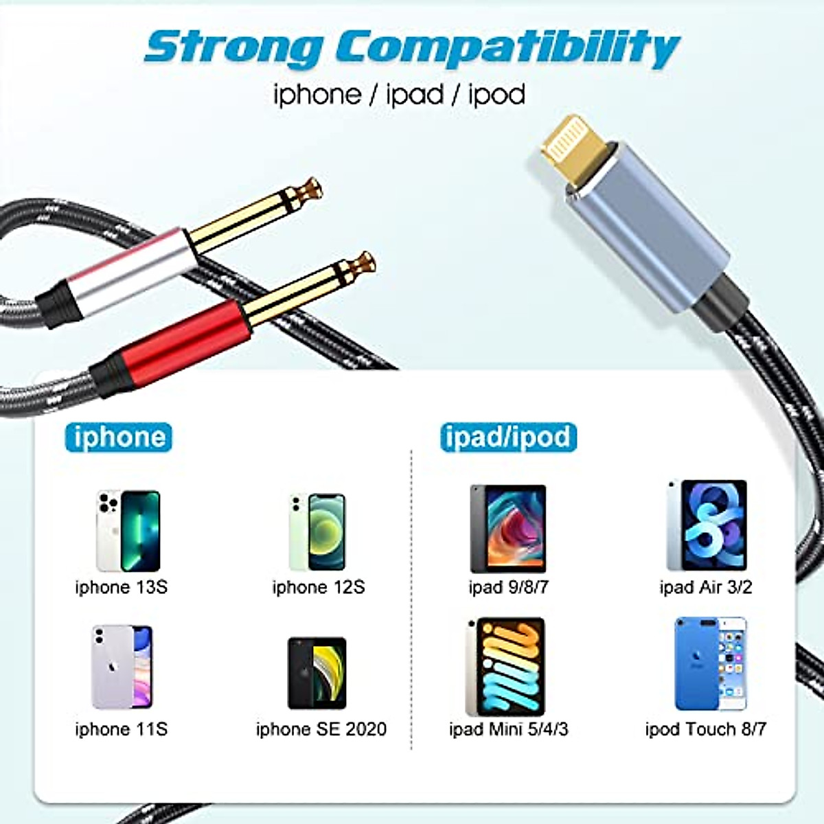 Lightning to Dual 6.35mm 1/4" TS Mono Stereo Y-Cable Splitter Lightning to Dual 1/4 inch Audio Cable Compatible for iPhone12/11/X/XS/XR/8/7/iPad,Amplifier, Speaker, Headphone, Mixing Console 3.3FT