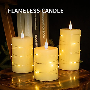 Flameless Battery Operated Flickering Valentine's Romantic Candle,with Embedded String Lights 3 Pack LED Electric Candle with 10-Key Remote Control, Dancing Flame, Real Wax(Batteries not Included)