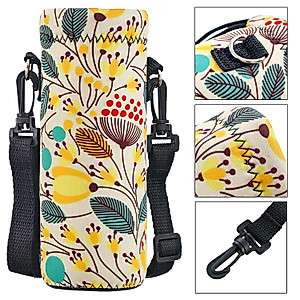 AORTDES Water-Bottle Sling-Case bag Carrier Holder - 750ML/24oz Neoprene Water Bottle Sleeve Strap Cooler Cover Pouch for Men Women Travel Camping Walking Hiking Running(Leaves)