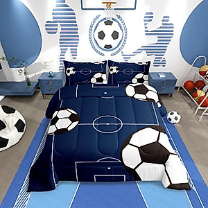 jejeloiu Football Comforter Set Full Size Kids Soccer Ball Pattern Comforter for Boys Girls Teens Sports Theme Bedding Set Breathable Football Court Duvet Set Room Decor Quilt Set