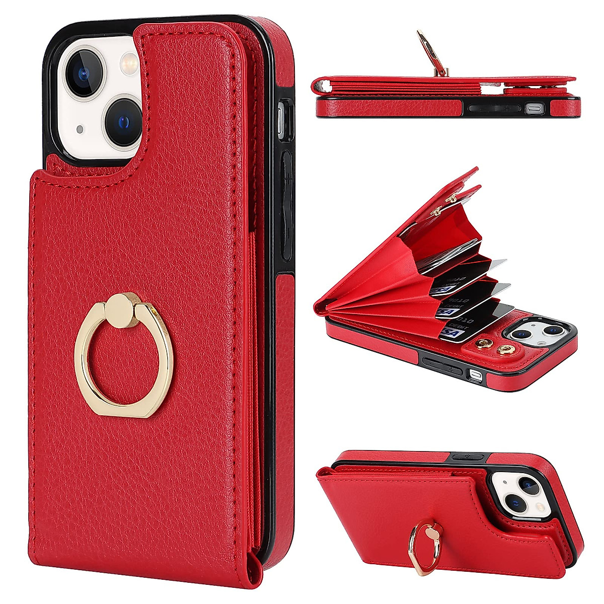 Folosu Compatible with iPhone 13 Mini Case Wallet with Card Holder, 360°Rotation Finger Ring Holder Kickstand Protective RFID Blocking PU Leather Double Buttons Flip Shockproof Cover 5.4 Inch Red