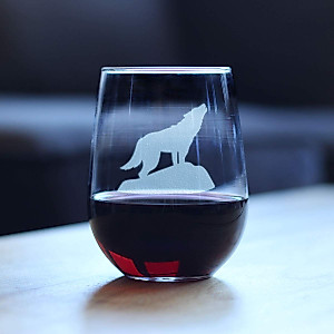 Wolf Stemless Wine Glass - Cabin Themed Gifts or Rustic Decor for Women and Men - Engraved Silhouette - Large