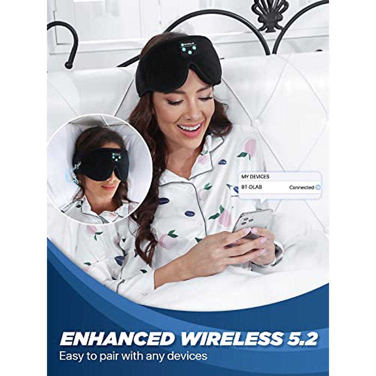 Boodlab Sleep Headphones, Sleep Mask with Bluetooth Headphones, Washable Sleep Mask Headphones with Adjustable Ultra Thin Stereo Speakers Microphone Hands Free for Travel