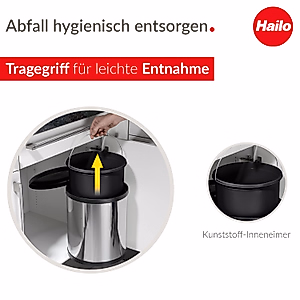 Hailo Compact-Box M Built-in Pull-Out Waste bin | 1 x 15 liters / 4.0 gallons | Lid Lift System | for hinged Door Base cabinets from 15.7 in | Stainless Steel | Made in Germany