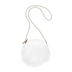 FENICAL Crossbody Bag Plush Pearl Chain Cellphone Purse Small Fuzzy Shoulder Pouch for Women Ladies Girls - White